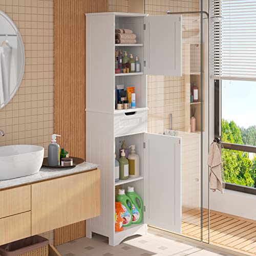 Gizoon 67" H Tall Bathroom Storage Cabinet w/ 2 Doors & 1 Drawer, Narrow Linen Tower Freestanding w/Adjustable Shelves for Home, Kitchen, Versatile, Anti-Tipping, White