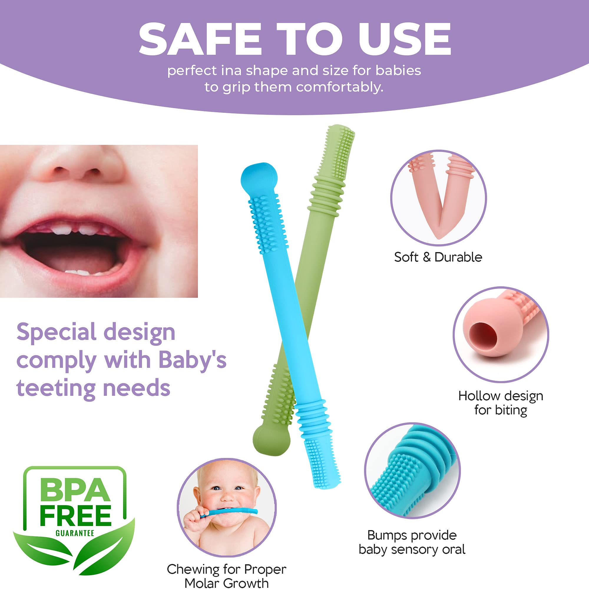 Samar Valley Teething Tubes - Pack of 4 Safe Silicone Baby Straws with Cleaning Brush and Different Surfaces/Colors for Healthy Molar Growth, Color Recognition, and Motor Control