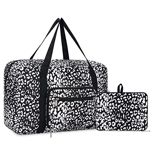For Spirit Airlines Personal Item Bag 18x14x8 Foldable Travel Duffel Bag Tote Carry on Luggage for Women and Men (Black Leopard)