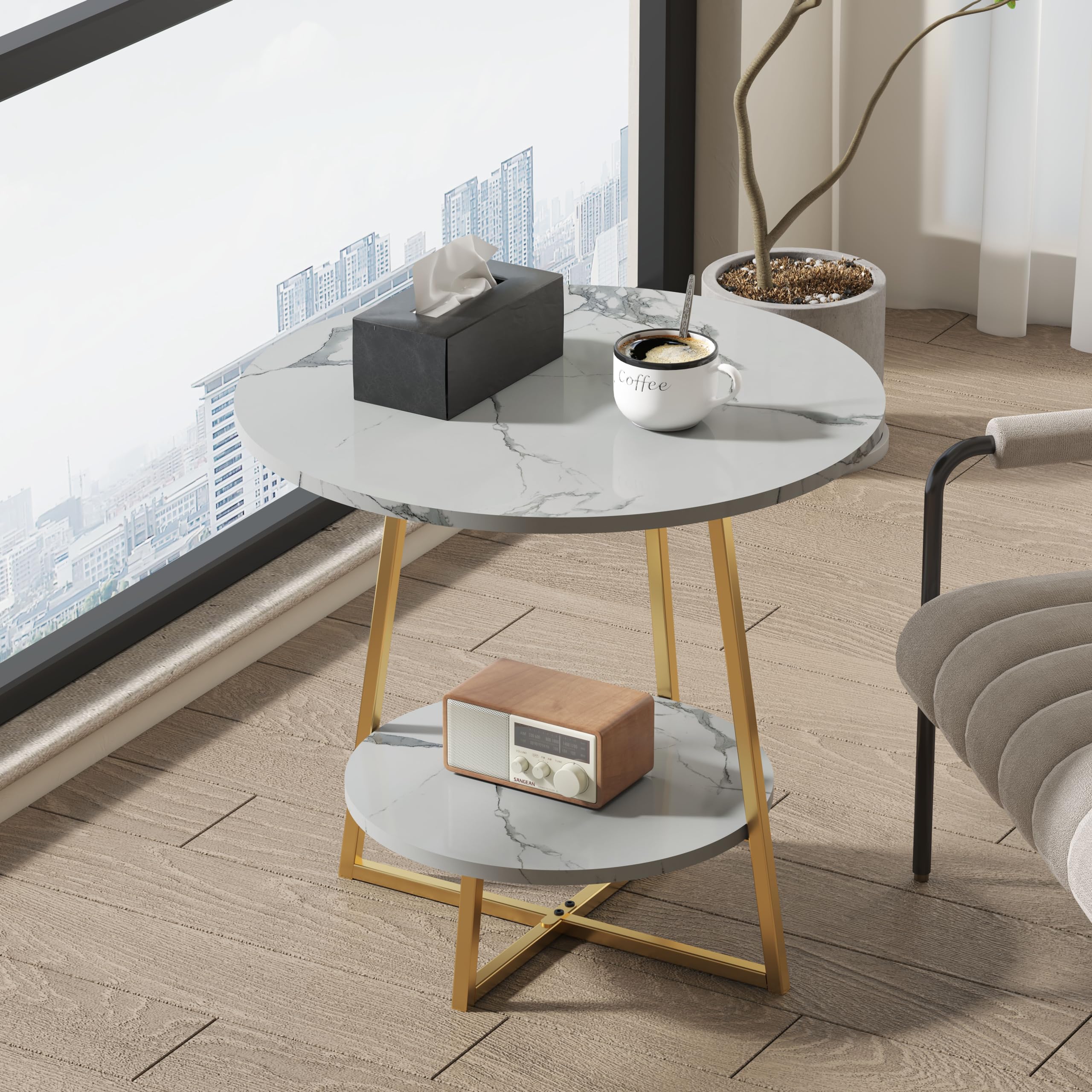 Lamhorm 2 Tier Small Round Side Table, Wooden End Table with Storage Shelf, Modern Coffee Table with Gold Metal Frames for Living Room, Bedroom and Any Small Spaces 22.8β
