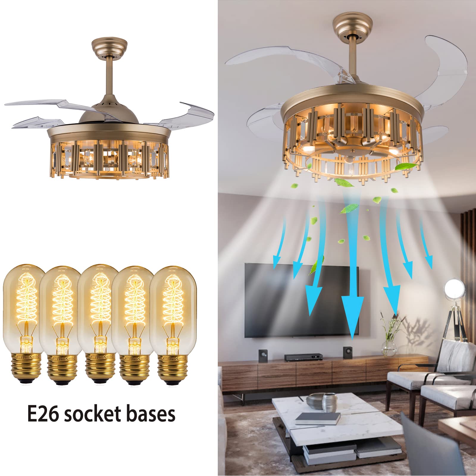 BILPIKOGoo Ceiling Fans with Lights Retractable Blades Caged Ceiling Fan Remote Control 42'' 6 Speeds, 1/2/4 Hours Timing Gold Ceiling Fan for Living Room Bedroom, 35W Reversible Motor
