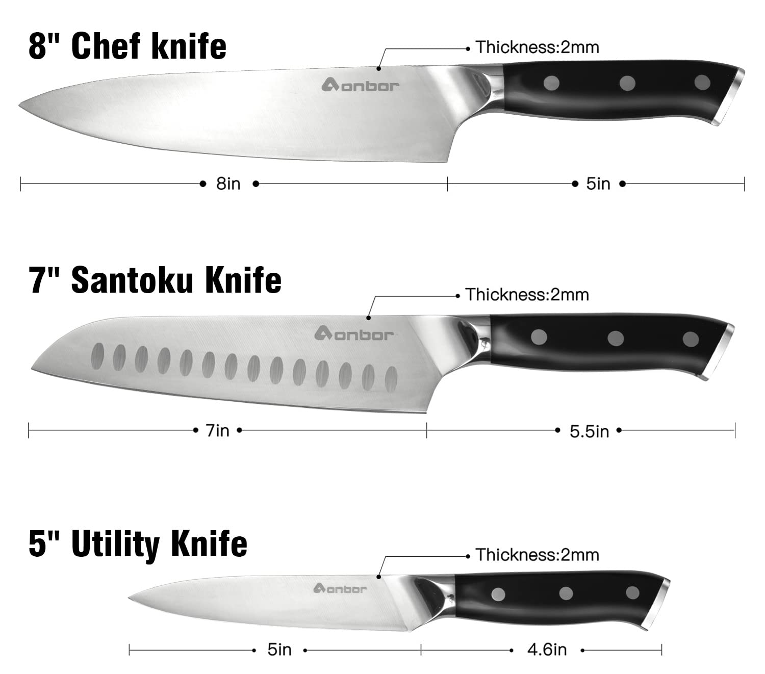 Chef Knife Set Professional kitchen knife set 3-Piece with japanese knife, 8" Chef's Knife & 7"Santoku Knife& 5" Utility Knife, Black Sharp Kitchen Knife Set, 5cr15mov High Carbon Stainless Steel