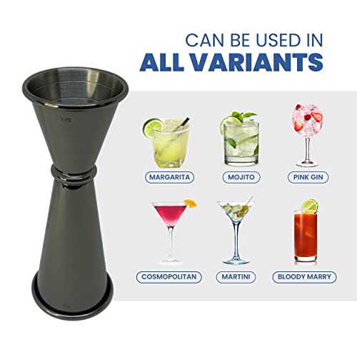 COCKTAIL JIGGER - DOUBLE JIGGER 2 OZ 1 OZ FOR BARTENDING - Food Grade Stainless Steel with Clear Visible Internal Measurements - Ergonomic Design for Effortless Bar Liquor Pouring - Gunmetal Black