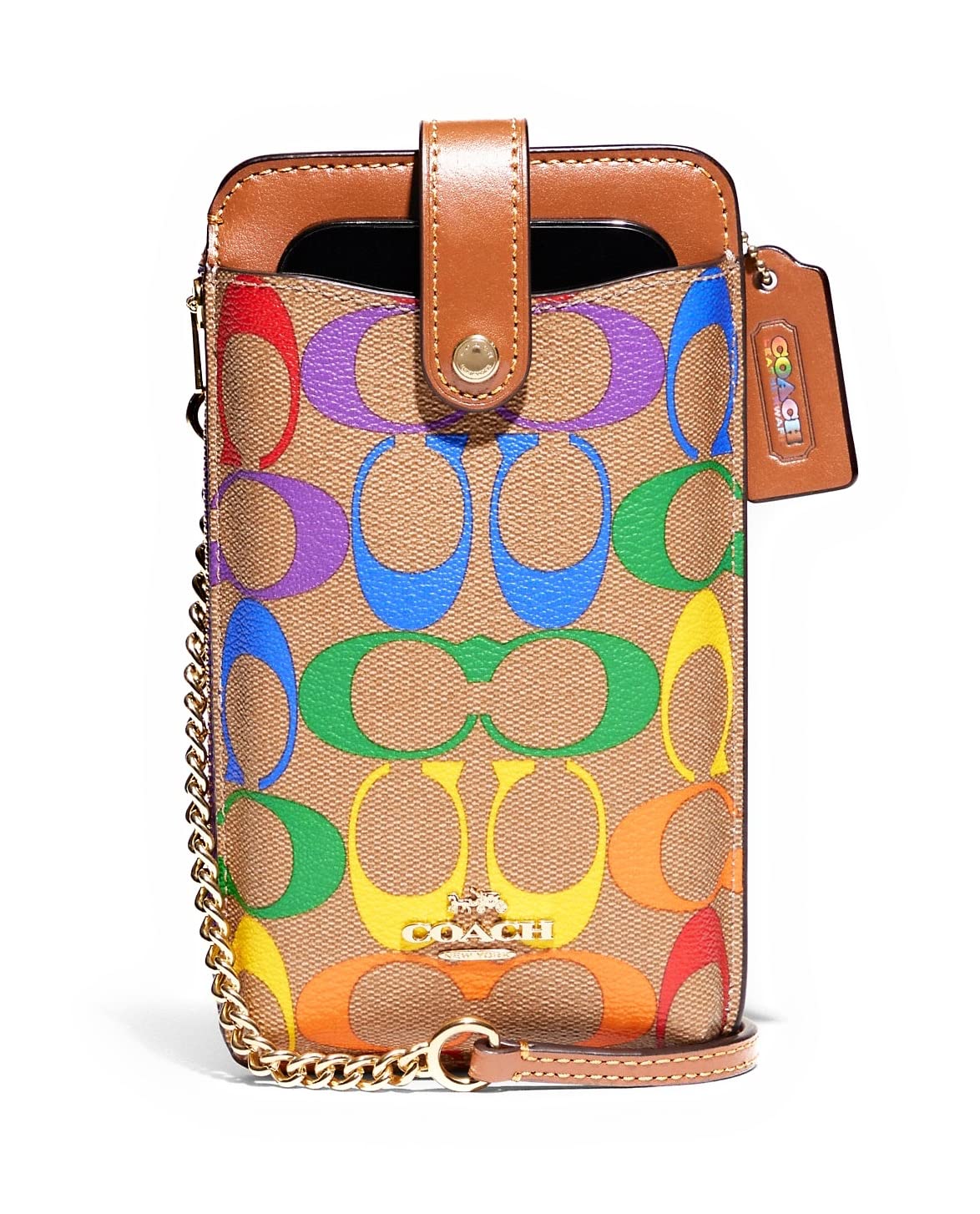 Coach Womens North/South Phone Crossbody In Rainbow Signature Canvas