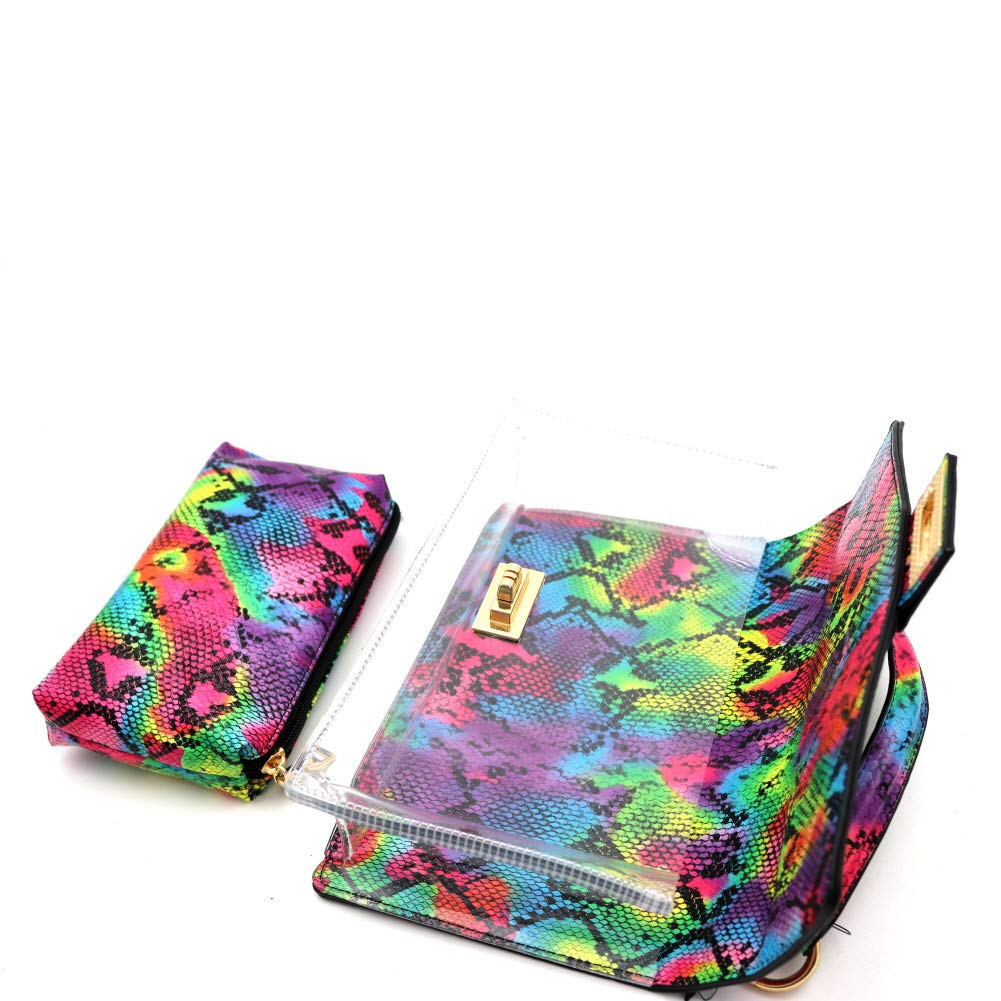 Multicolor Snake Print Pouch Clear Chain 2 Way Shoulder Bag Crossbody Stadium (1Medium Top-Handle Clear Satchel - Red Multi)