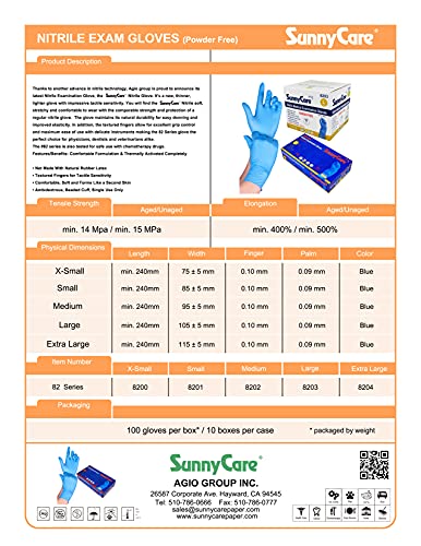 SunnyCare #8201 1000/1cases Blue Nitrile Medical Exam Gloves Powder Free Chemo-Rated (Latex Vinyl Free) Small