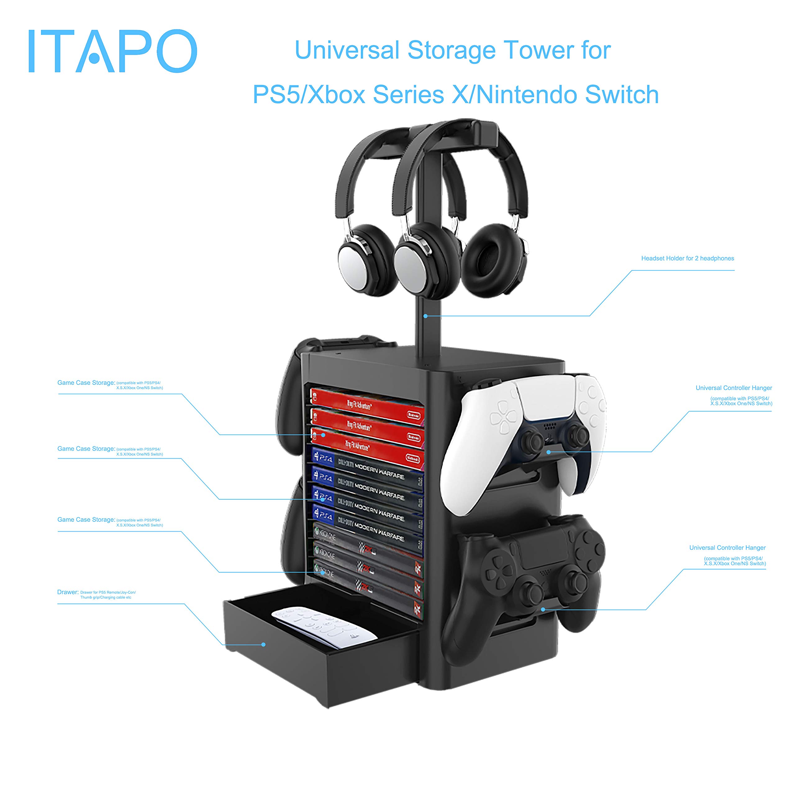 Multifunctional 10 Games Disk Storage Rack for PS5 Controller/Headset Stand Holder for Xbox Series X/Nintendo Switch/Play Station Game Accessories Organizer Black