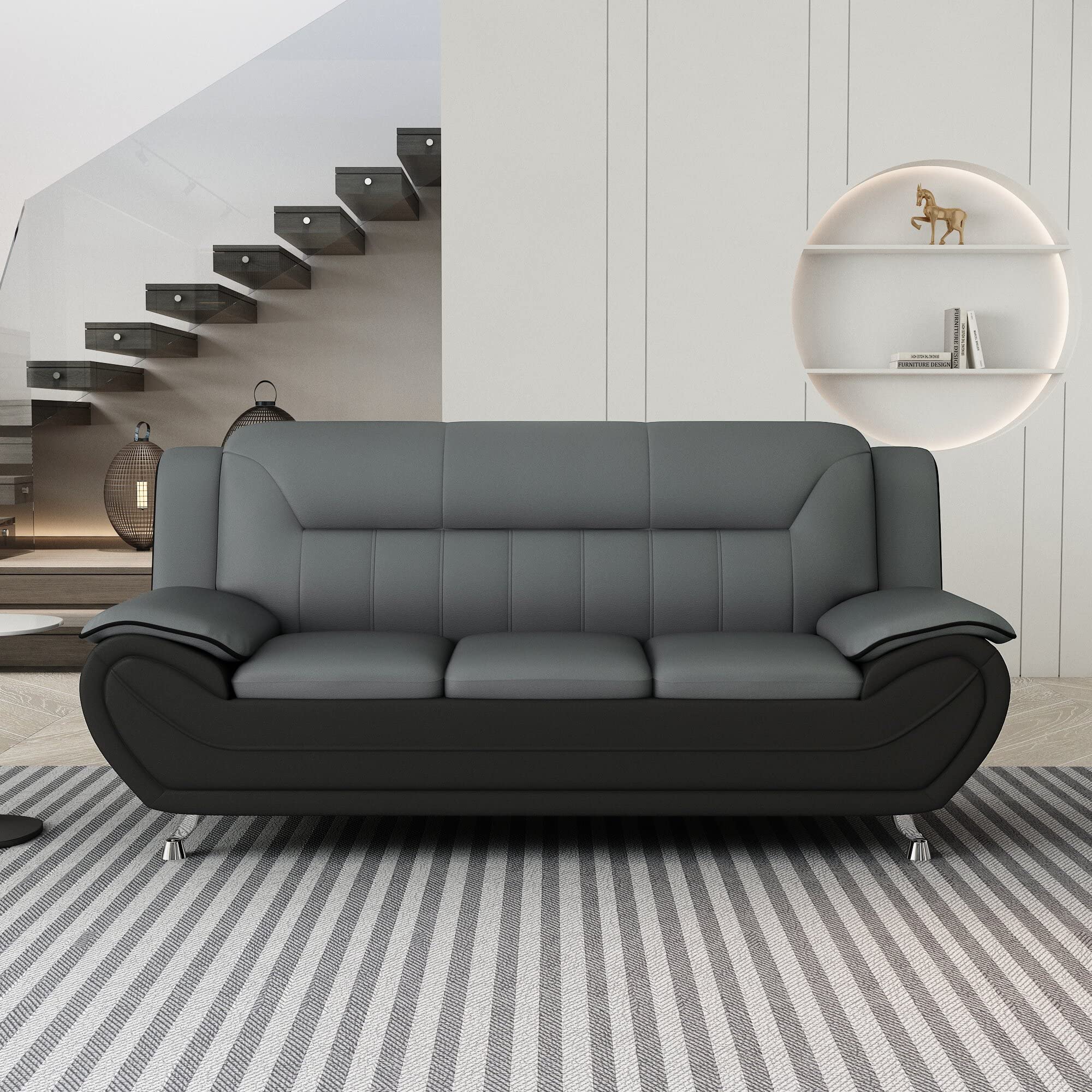 Container Furniture Direct Modern Style Faux Leather Sofa with Extra Comfortable Pillow Top Armrests Ideal for Living Room, Bedroom or Home Office Couch, 79.2ββ Wide, Grey/Black
