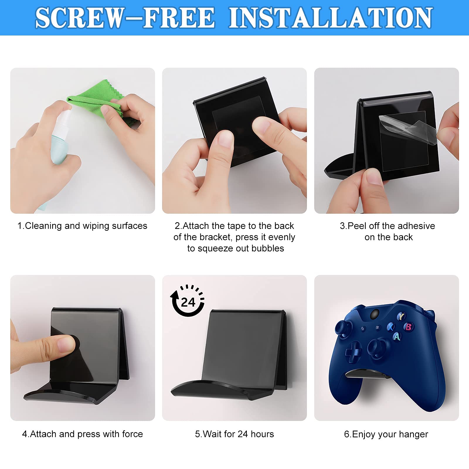 MWOOT Game Controller Holder Wall Mount (2 Pack) for Xbox One/ PS4/ PS5/ Switch/Steam/PC, Gamepad Headphone Stand Holder, Screw-Free, Stick on, Universal Controller Accessories (Black)