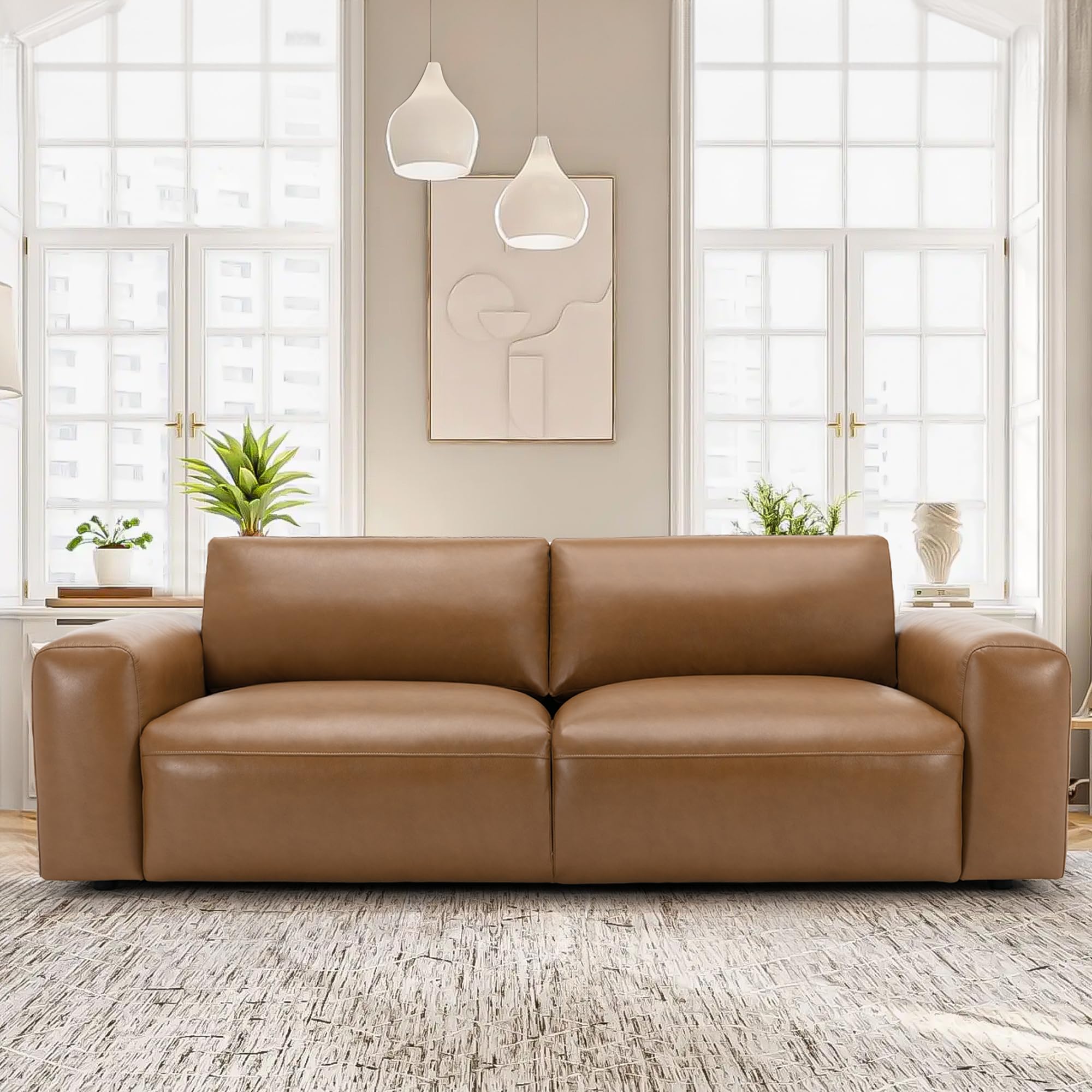 COLAMY PU Leather Sofa Couch, 95" Oversized Sofa Loveseat for Living Room, Comfy Love Seat Couch with Extra Deep Seats, Wide Arm, Down Filled 3-Seater Modern Sofa for Apartment/Lounge/Bedroom-Auburn
