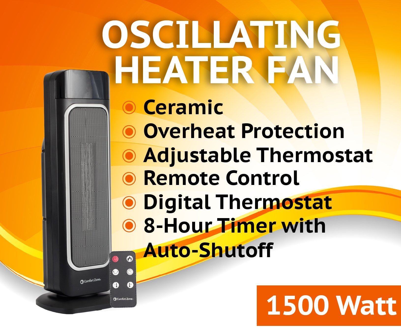 Oscillating Space Heater – Ceramic Forced Fan Heating with Stay Cool Housing - Tower with Remote Control, Digital Thermostat, Timer, Large Temperature Display and Efficient ECO Mode - by Bovado USA