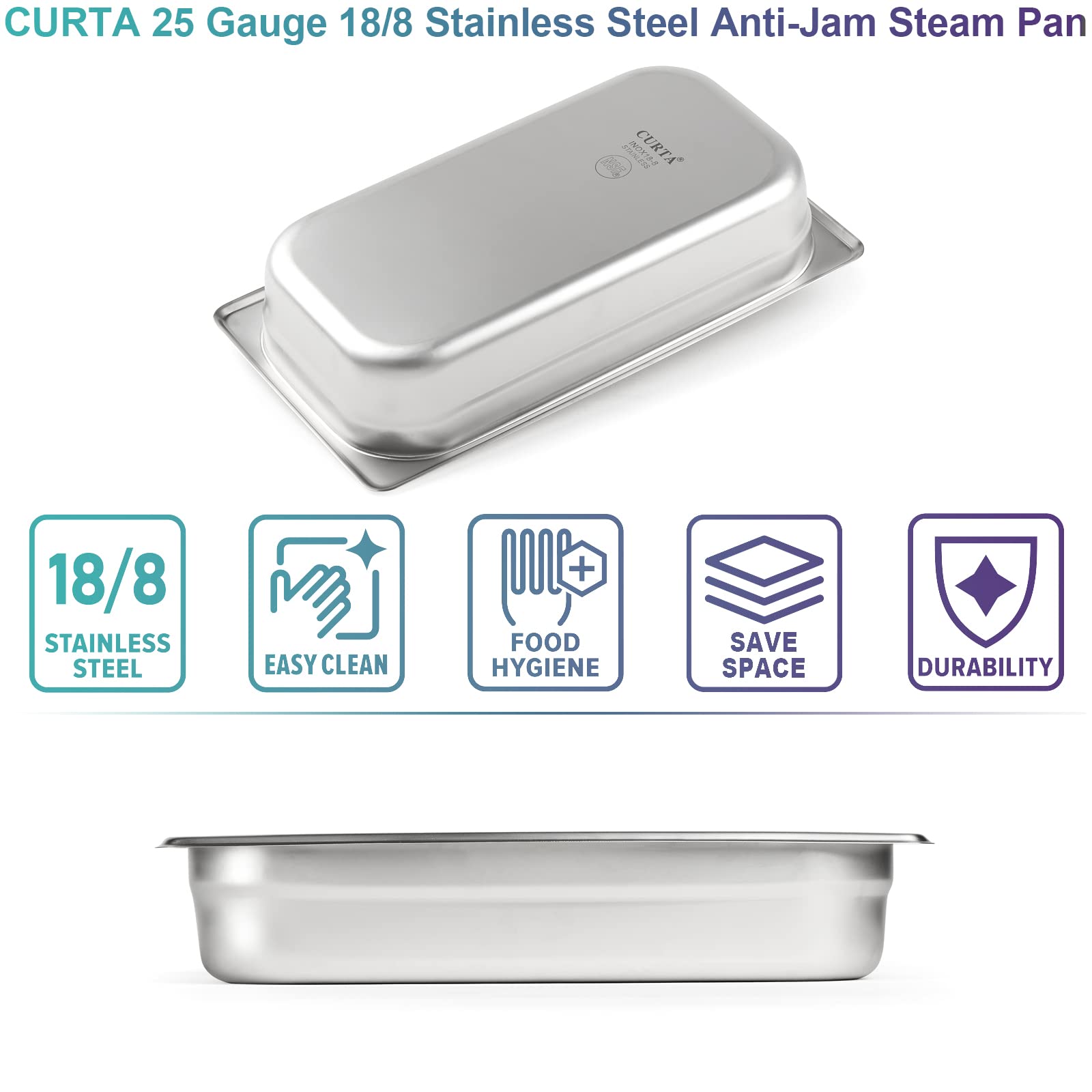 CURTA 6 Pack Anti-Jam Slotted Hotel Pans with Lids, 1/3 Size 2 1/2 Inch Deep, NSF Commercial 18/8 Stainless Steel Chafing Steam Table Food Pan with Covers