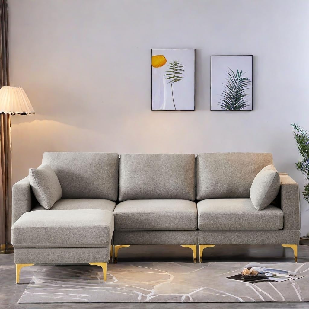 ChicFurnit Sectional Sofa,L Shape Couch with Built-in USB Interface and a Convertible Footstool,108.6'' Fabric Upholstery Sofa with Gold Metal Legs and Two Pillows for Living Room,Bedroom,Grey