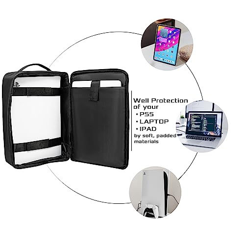 Ezgnuk Game Backpack for PS5 Console, Protective Travel Carrying Case, Large Capacity Storage Bag with Zippered Pocket for PlayStation 5, Laptop, Headphones, Game Discs and Accessories (Black)