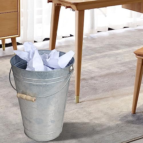 Eonvgei Metal 3.5 Gallon Large Wastebasket Trash Can,with Wooden Handle for Bedroom,Kitchen,Bedroom,Home Office Decor,13 Liters (Silver)