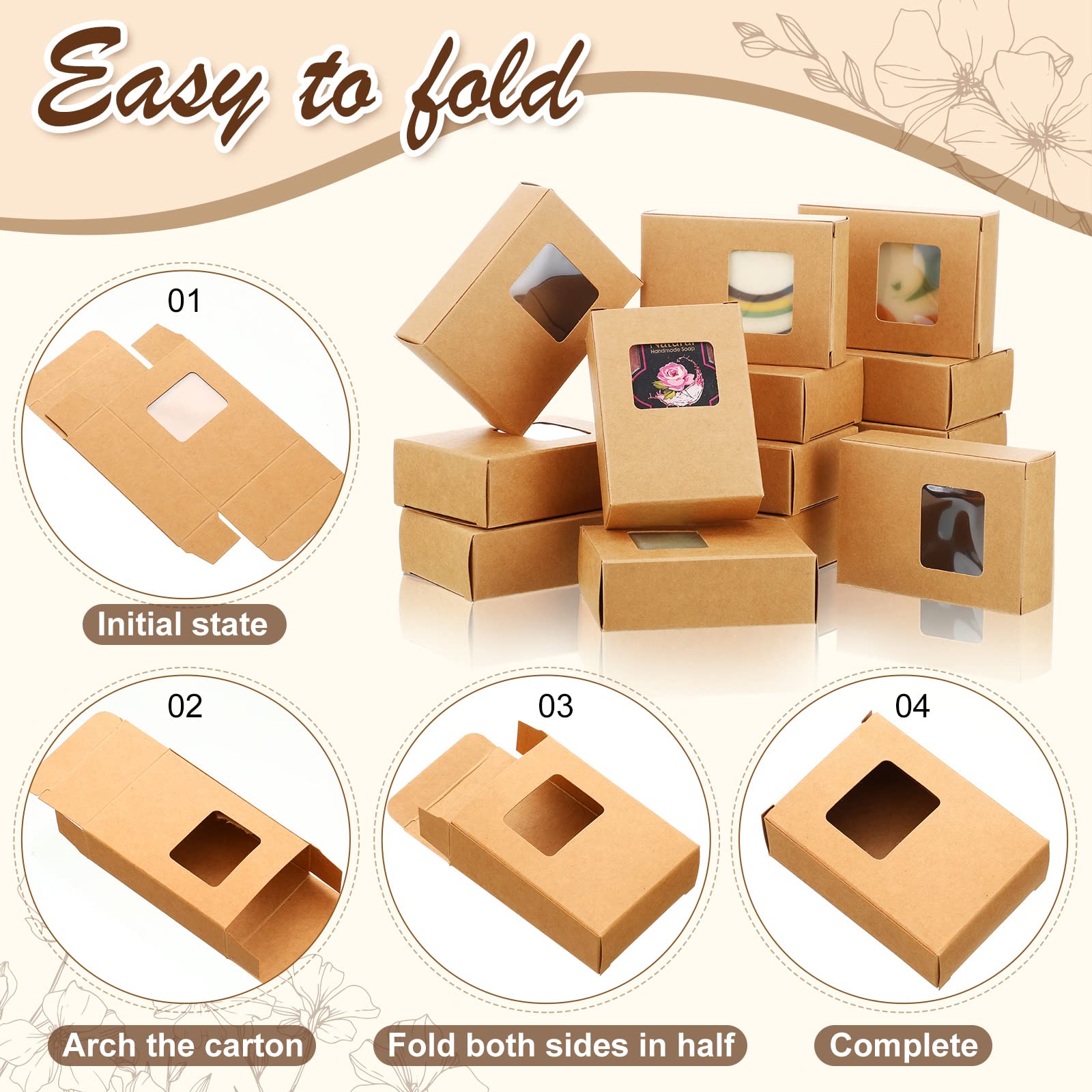 Outus 100 Pcs Soap Packaging Boxes with Window Mini Kraft Paper Boxes Bulk Treat Favor Boxes Rectangle Gift Soap Boxes for Homemade Soap Making Cookies Candy Prese, 3.5 x 2.6 x 1.2 Inch(Brown)