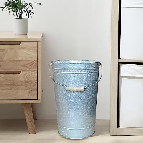 Eonvgei Metal 3.5 Gallon Large Wastebasket Trash Can,with Wooden Handle for Bedroom,Kitchen,Bedroom,Home Office Decor,13 Liters (Silver)