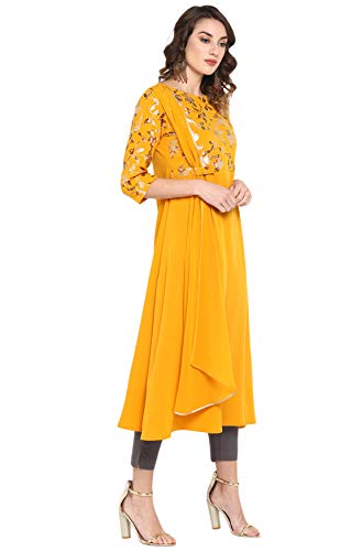 Janasya Women's Mustard Foil Printed Poly Crepe Kurta