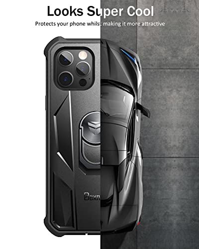 Dexnor Rugged Full Body Case for iPhone 12/12 Pro (6.1 inches) with Screen Protector & Ring Kickstand Car Mount, Slim Shockproof Protective Bumper Cover with Anti Dust Plugs (Black)