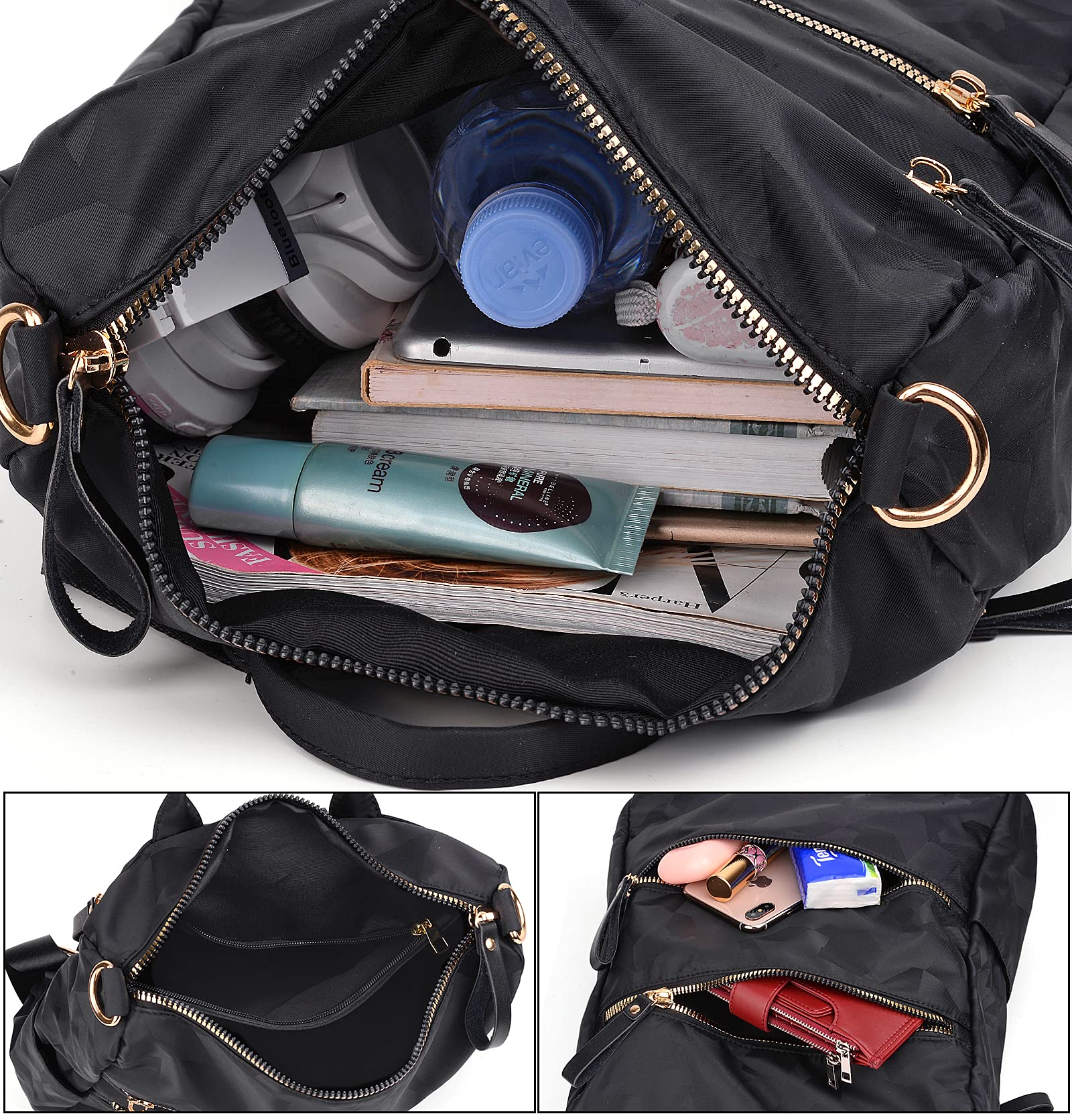 UTO Camo Waterproof Backpack for Women Durable Nylon Multipurpose Roomy Multi pockets Travel Business Shoulder Bag Black