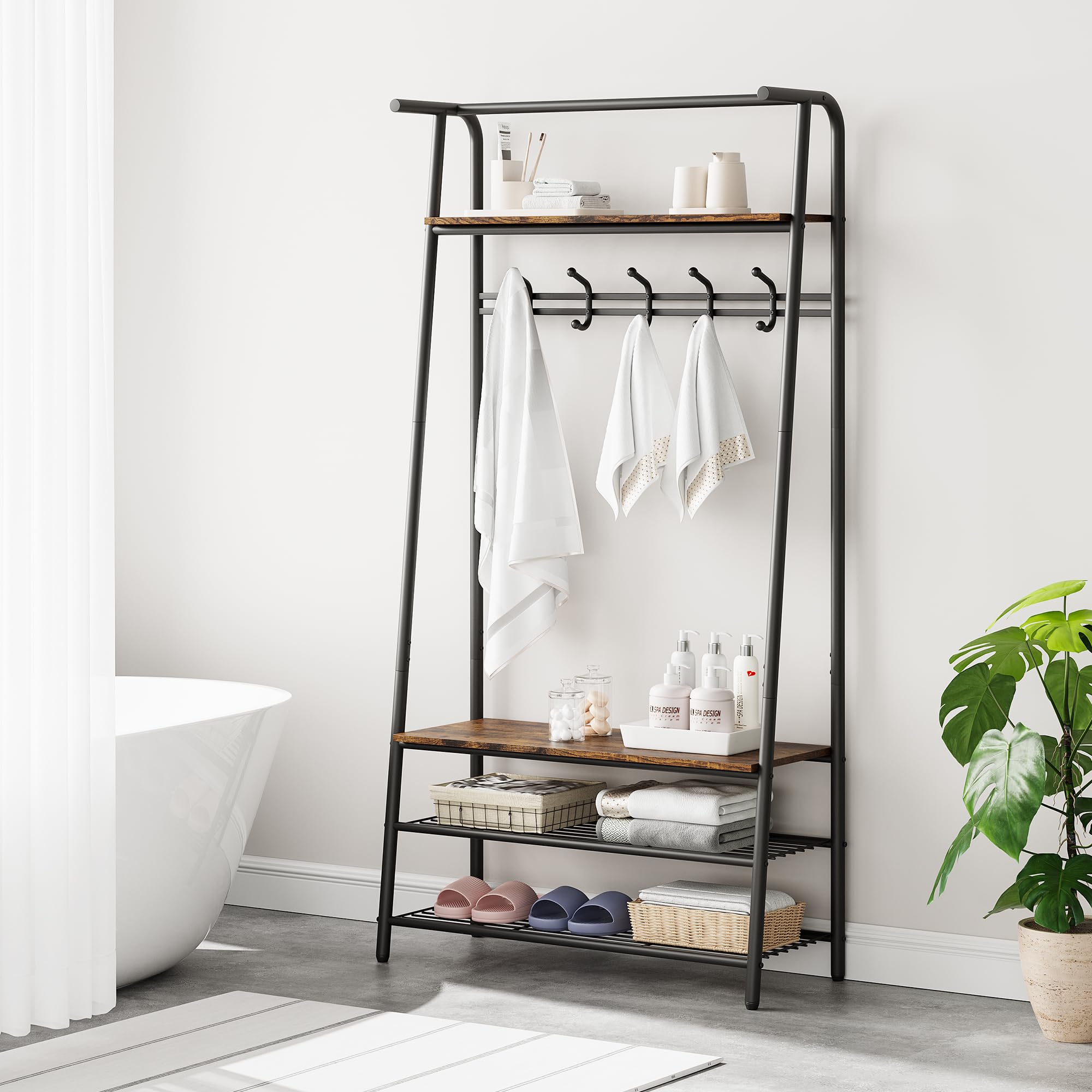 Coat Rack Shoe Bench with 5 Hooks, Entryway Hall Trees with Storage, Multifunctional Hallway Organizer, Wood Look Accent Furniture with Metal Frame, 4-in-1 Hall Trees Shoe Bench (5 Hooks-31.5 In)