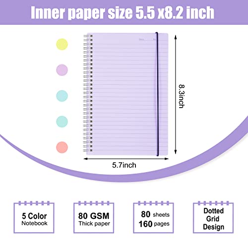 EOOUT 5 Pack Lined Spiral Notebook, 5.7" x 8.3" Journal for Women, Thick Plastic Cover, 160 Pages, 100gsm, Back to School, Office, Artist Writing/Drawing (Candy Colors)