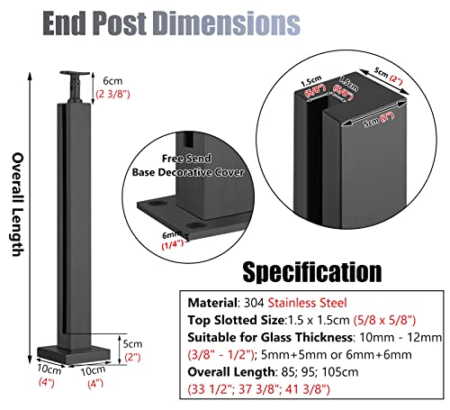 Glass Railing Post Black Metal Glass Railing Post for Indoor Outdoor, Heavy Duty Floor Standing Square Balustrade System with Base Cover, Deck Balcony Loft Guardrails