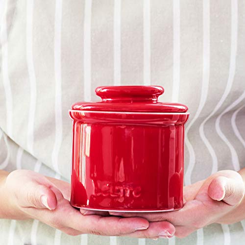 BRT Ceramic French Butter Keeper Crock Storage Jar Butter Serving Dish (Red)