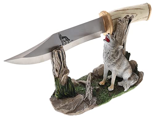 Deleon Collections Decorative White Wolf Knife - Majestic Howing Wolf Display Stand - Rustic Lodge Decor