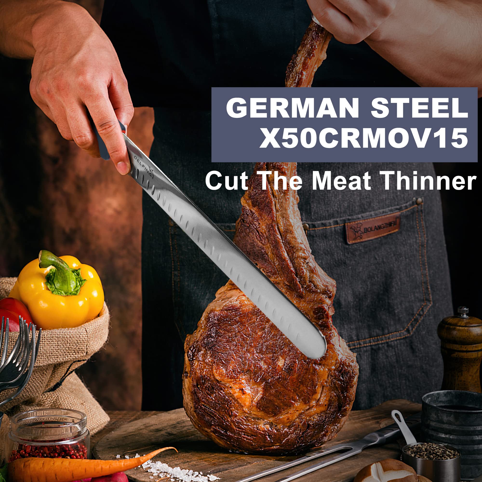 DELFINA 12 Inch Brisket Slicing Knife W/Sheath & SoftGrip Handle, Ultra Sharp Premium Carving Slicing Knife For Meat Cutting, Great for Slicing Roasts, Meats, Fruits and Vegetables