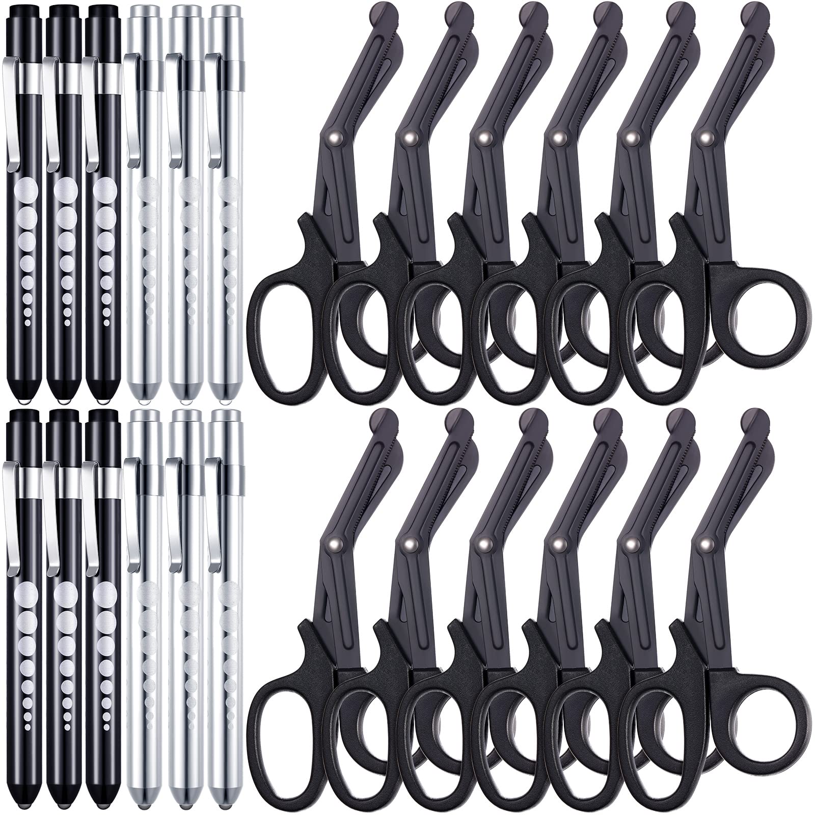 Chumia 24 Pack Trauma Shears and Pen Light with Pupil Gauge, Nurse Accessories for Work Bandage Scissors Nurse Scissors and LED Penlight Reusable for Nurse Doctor Nursing Students Supplies (Black)