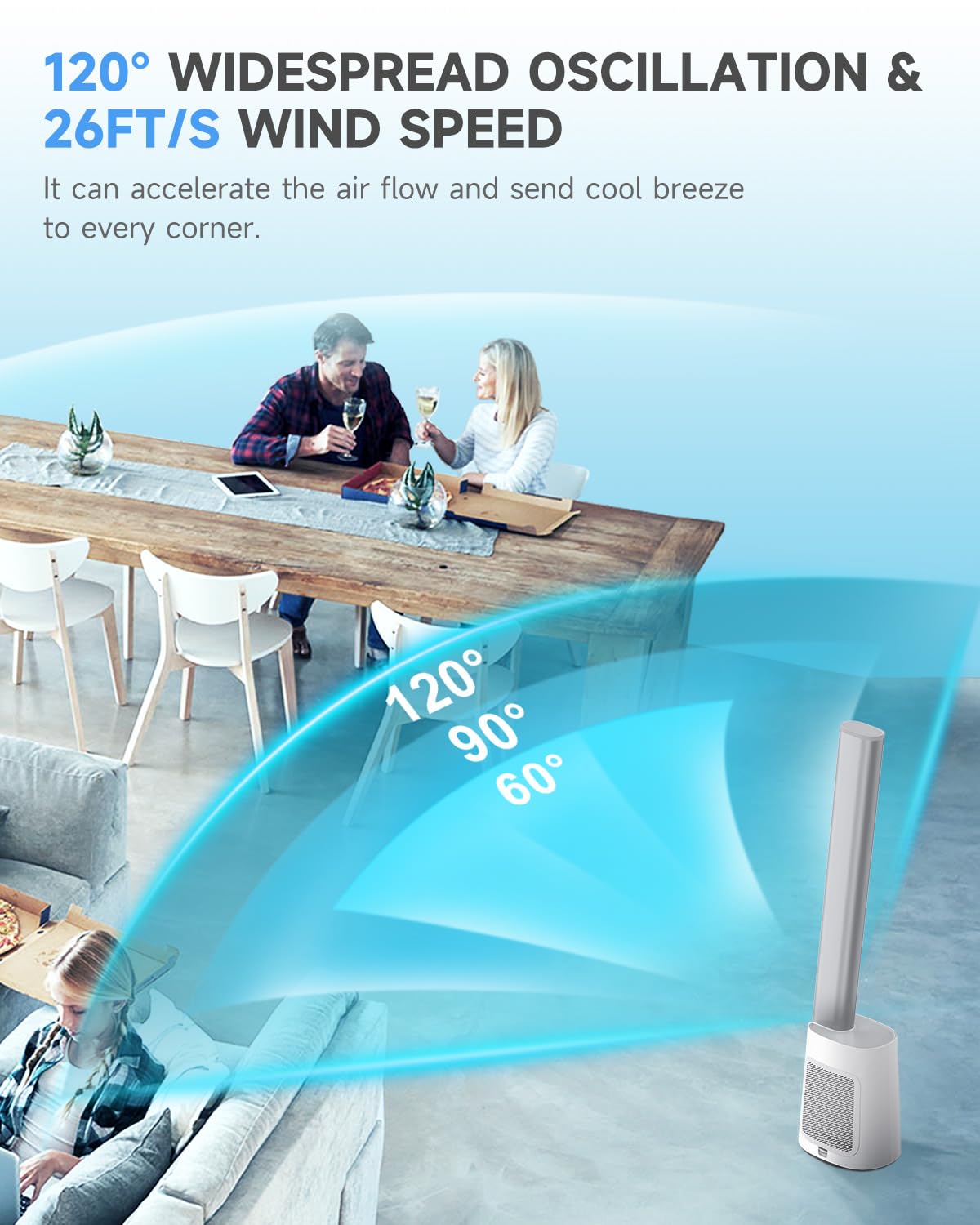 Gimify 40'' Bladeless Tower Fan for Home with Remote Control, Quiet 120° Oscillating Fan with 3 Modes 12 Wind Speeds,12H Timer, Standing Fan with HEPA Filter 99.97% Smoke Dust for Bedroom Office