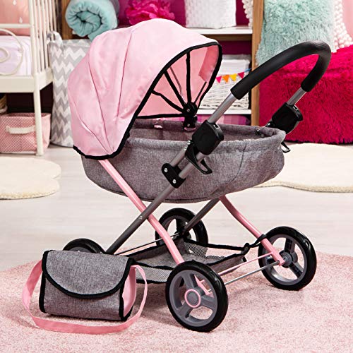Bayer Dolls 4-in-1 Toy Baby Doll Pram Stroller Cosy Set - Dolls Up to 18" (Pink/Grey)