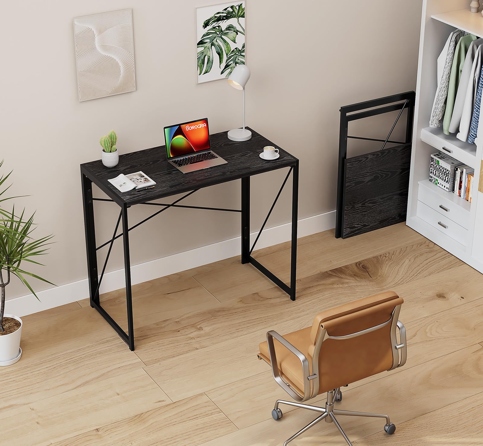Coavas Small Folding Desk, No Assembly Required Computer Desks, 31.5 inch Spaces Saving Foldable Table for Bedroom, Home Office, Dorm, Apartment, Black Wood