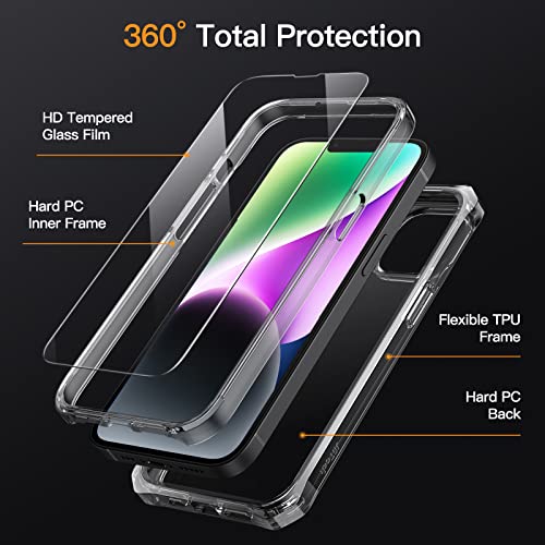 JETech Case for iPhone 14 6.1-Inch with 2-Pack Tempered Glass Screen Protector, 360 Full Body Shockproof Bumper Phone Cover Protective Clear Back (Clear)
