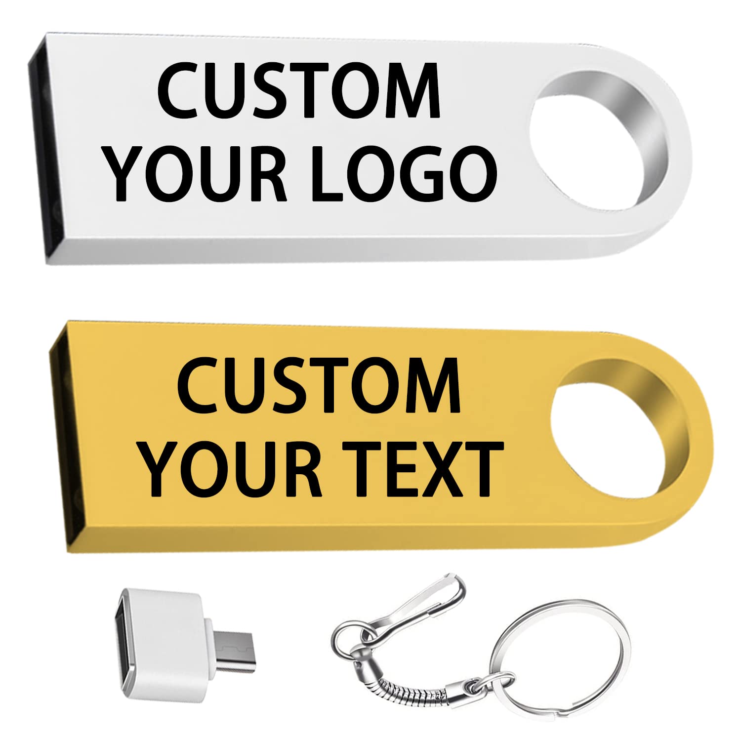 Custom Logo USB Flash Drive with Keychain and USB C Adapter Engraved Free Personalized USB 2.0 Metal Memory Stick Personal Gift for Friend,Wedding,Anniversary,Graduation,Birthday,Party-4G, Silver