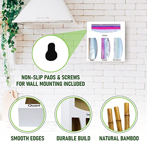 Neat Freak Baggie Organizer Dispenser – 4-in-1 Ziploc Bag Storage Organizer for Drawer – Bamboo Baggie Organizer For Wall– Ziploc Bag Organizer for Quart, Snack, Gallon, Sandwich - White Color.