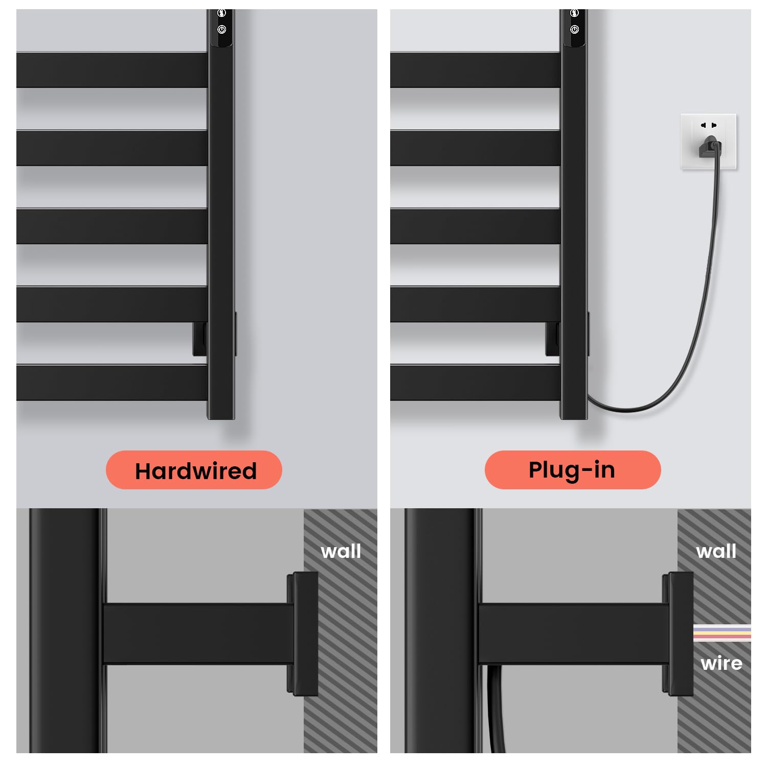Colliford Towel Warmer,Stainless Steel Towel Warmer Rack for Bathroom -12 Bars Wall Mounted Towel Heater with Intelligent Touch Screen Timer, Hard Wired/Plug-in, Black