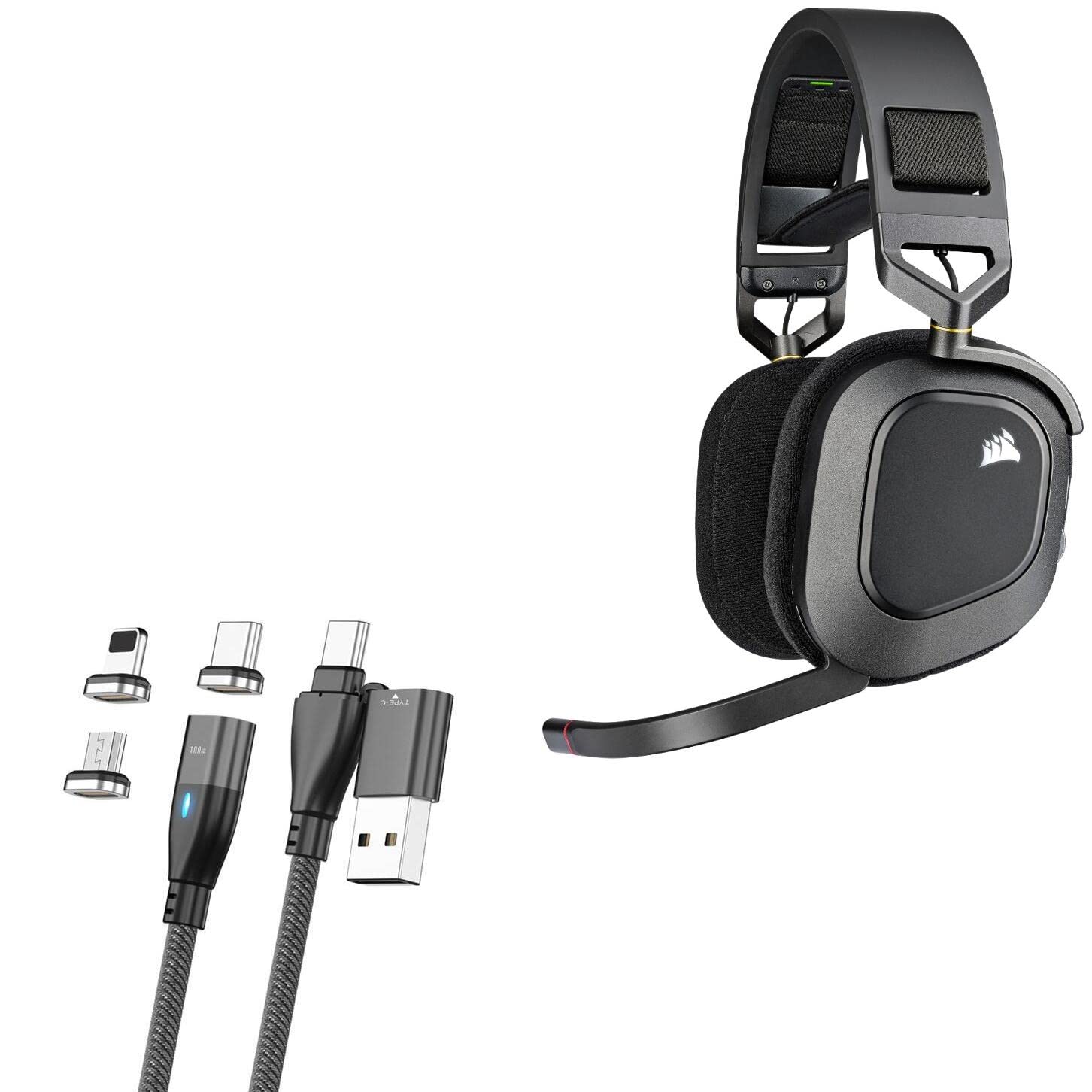 BoxWave Cable Compatible with Corsair HS80 RGB Wireless - MagnetoSnap PD AllCharge Cable (100W), Magnet PD 100W Charging Cable USB Type-C Micro USB for Corsair HS80 RGB Wireless - Jet Black