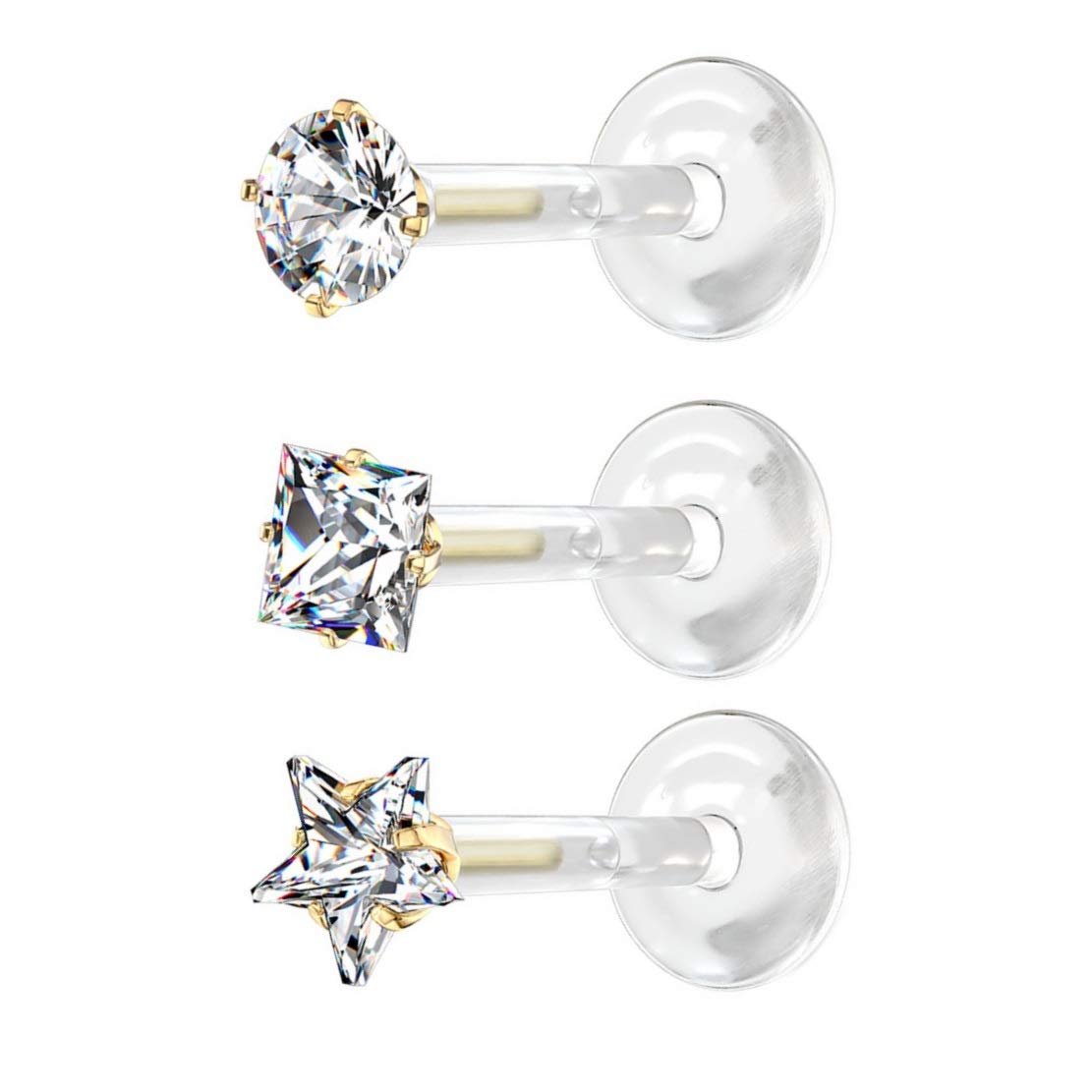 BODY DAZZ 3PC Lot 16G CZ Shapes Steel/Bioflex Labret Monroe Piercing Studs (Goldtone, 8)
