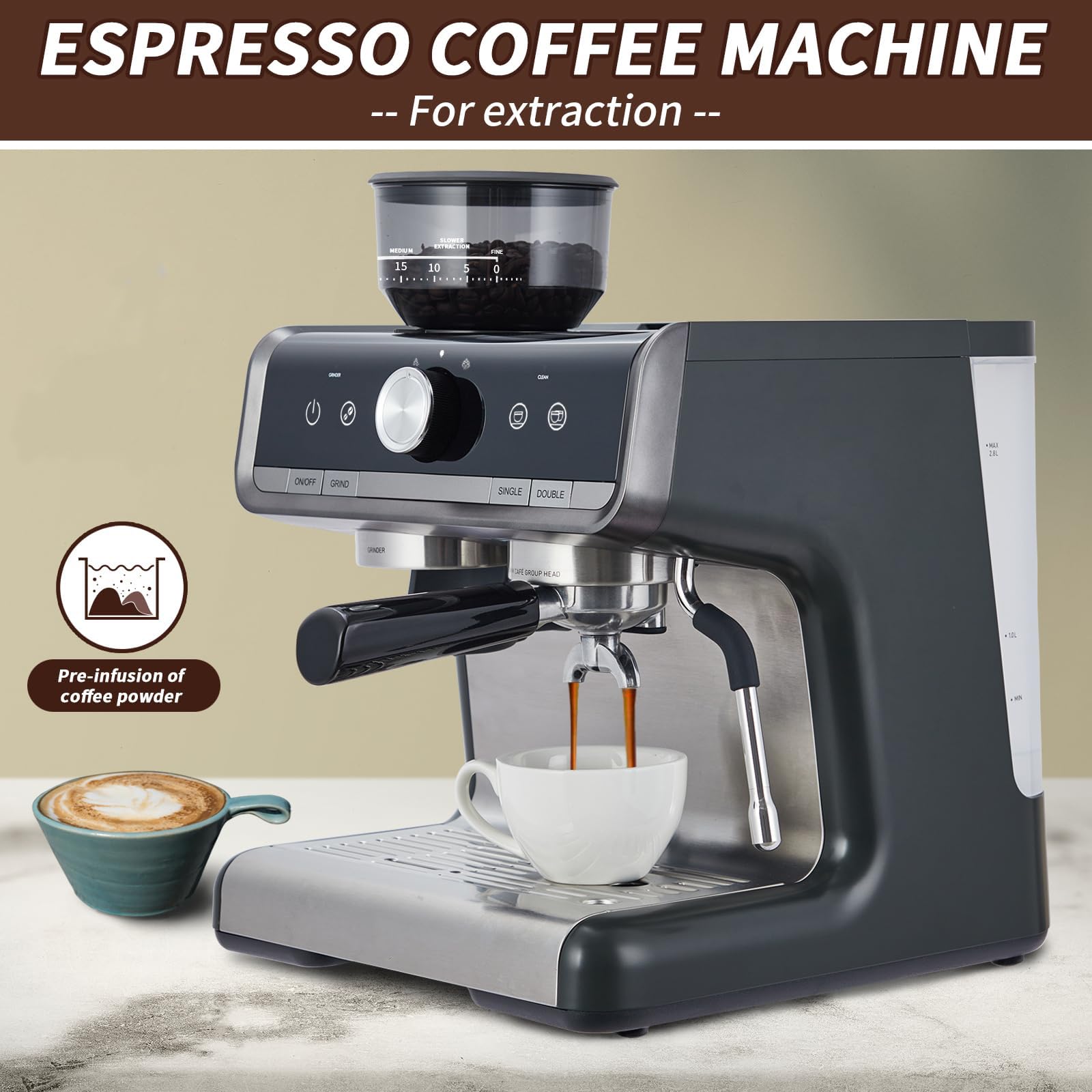 Espresso Machine With Grinder And Frother,20 BAR Professional Espresso Maker,Coffee Machine Espresso With Fast Heating System Making Cappuccino Latte for Home Office