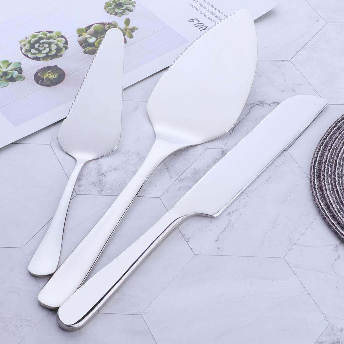 Buyer star Cake Server and Knife Set,Silver 18/8（304) Stainless Steel Big, Small Cake Shovel, Cake Knife, and Dessert Fork*8/Cake Cutting Sets for Wedding, Anniversary, Party Supplies