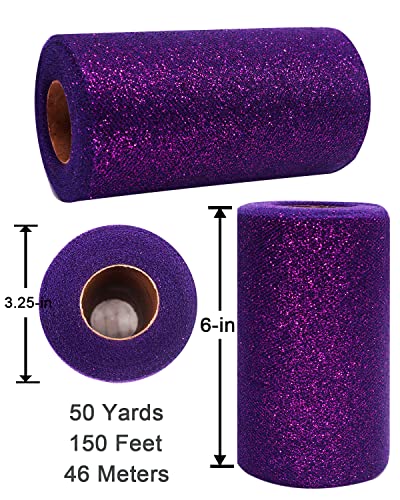 Glitter Tulle Fabric Rolls, 6 Inch 50 Yards (150ft) Sparkling Spool Ribbon Sequin Netting for Tutu Skirt Gift Wrapping Wedding Party Decoration (Purple)