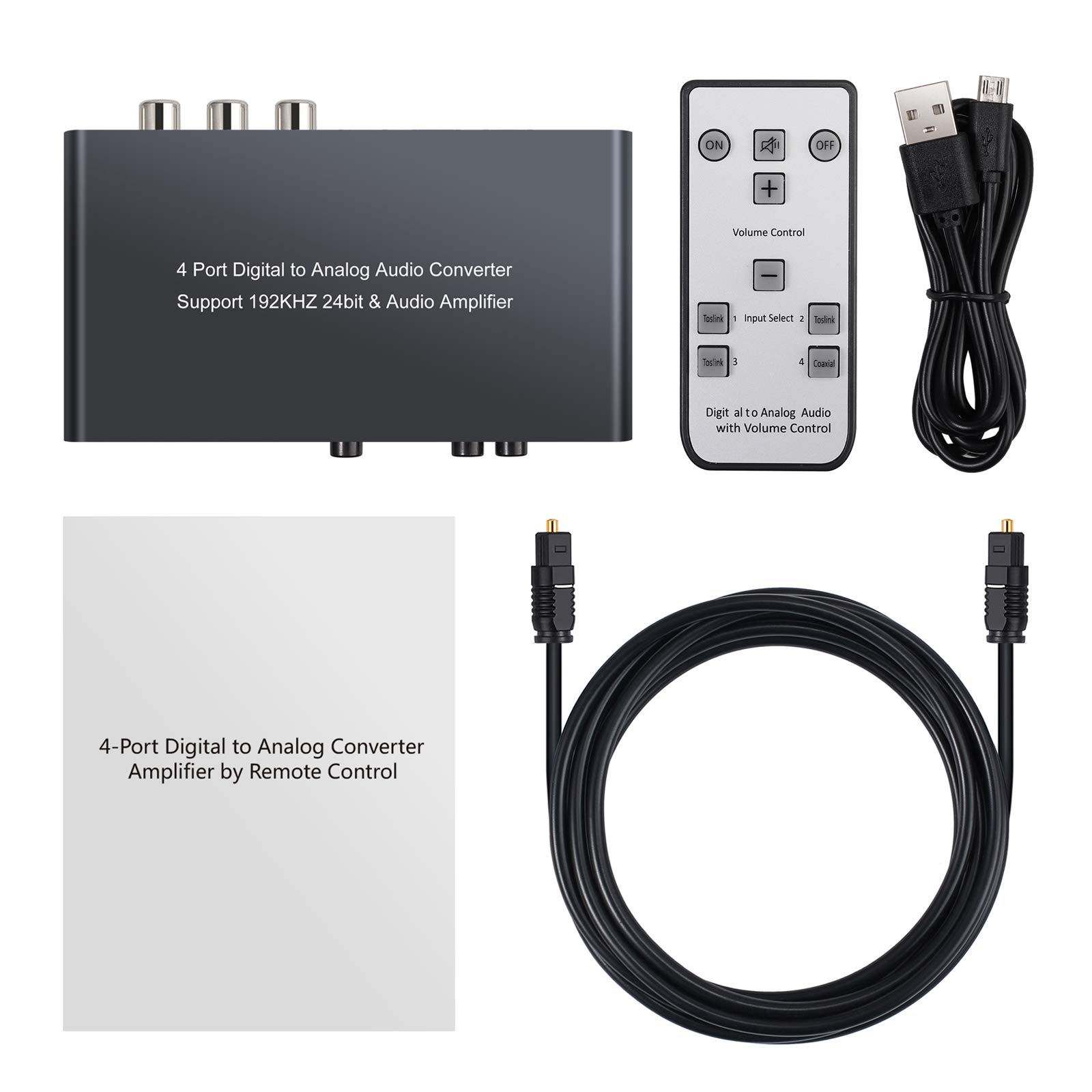 LiNKFOR DAC Converter 192kHz Digital to Analog Audio Converter 3 Optical SPDIF Toslink + 1 Coaxial Switch to Analog Stereo L/R RCA 3.5mm Audio Adapter Support Volume Control/Mute/Power ON or OFF by