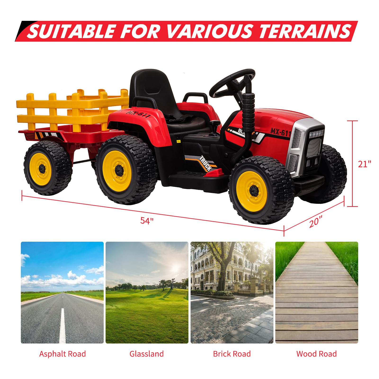 Nasitip 12V Kids Battery Powered Electric Tractor with Trailer, Toddler Ride On Car w/Remote Control, 7-LED Headlights, 2+1 Gear Shift, MP3 Player USB Port for Kids 3-6 Years (Red, 35W/ EVA Tire)