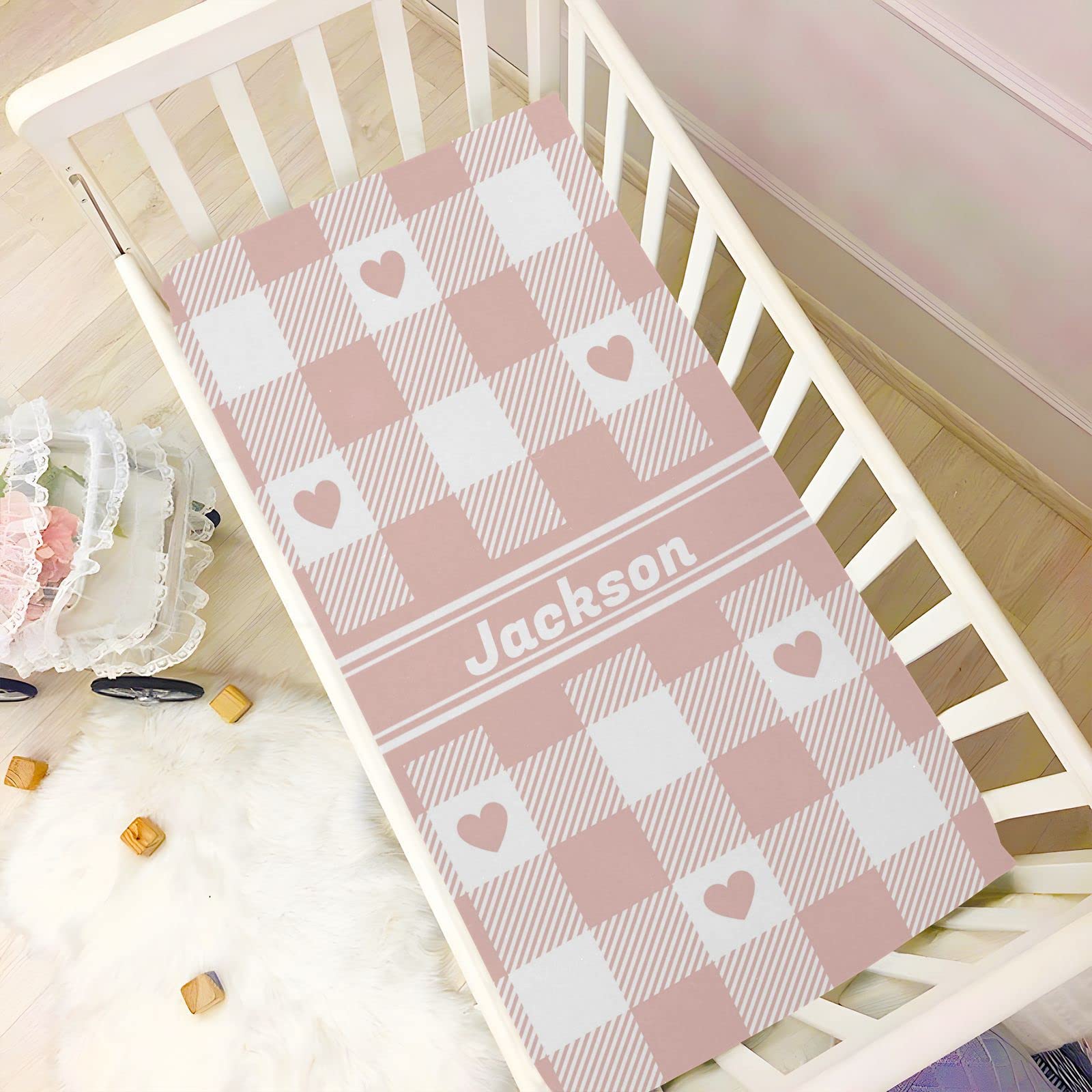 Custom Valentine's Day Plaid Baby Crib Sheets Soft Toddler Bed Sheets Breathable Mattress Cover Playard Sheet for Toddler Boys Nursery Bed Mattress, 52 * 28 * 9in