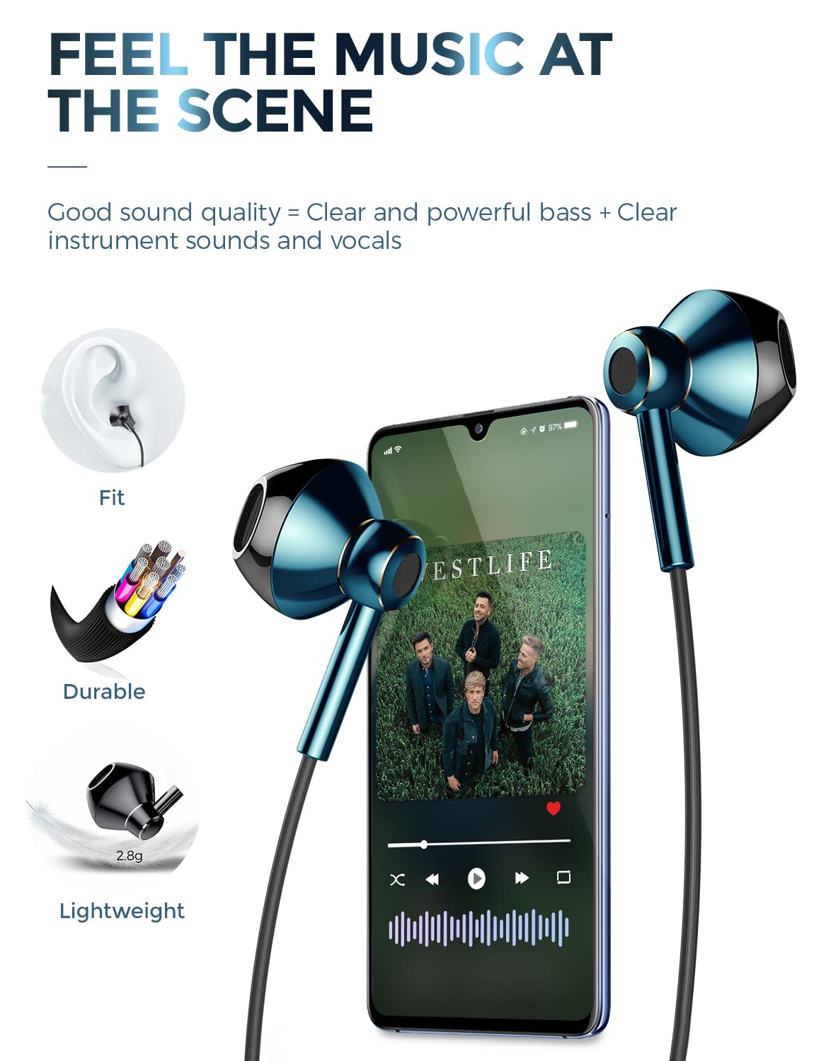 Linklike Wired Earbuds with Microphone Extra Bass Quad Dynamic Drivers Hi-Res Earbuds Wired Noise Isolating Lightweight Earphones with Volume Control 3.5mm Jack in-Ear Headphones(Midnight Green)