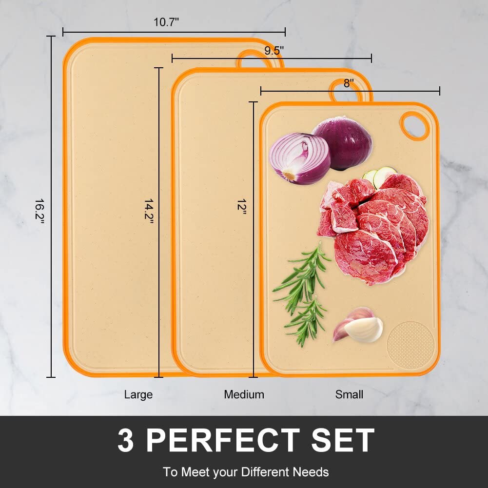 Bonjin Cutting Board for Kitchen(Set of 3), Wheat straw PP material Chopping Boards-BPA Free Mats, Dishwasher Safe, Juice Grooves Non-Slip Design