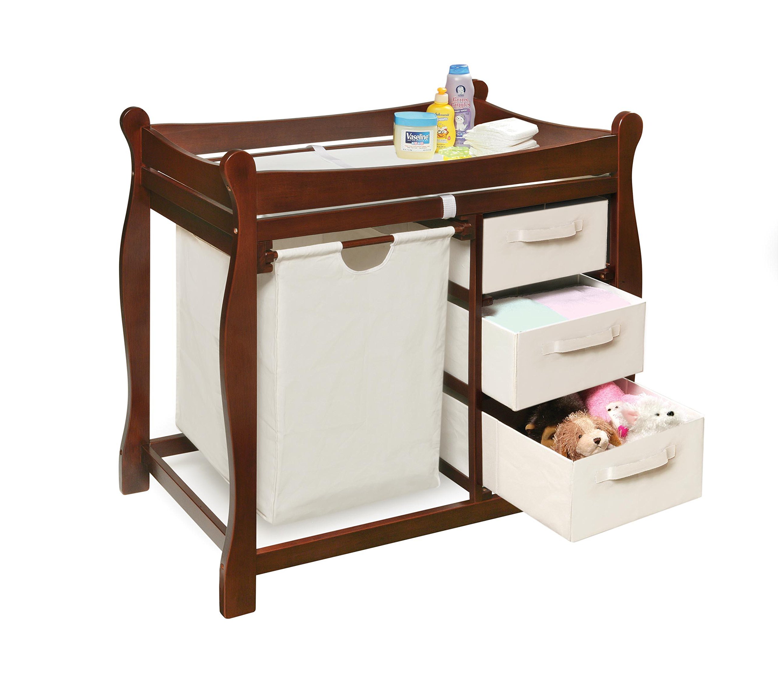 Sleigh Style Baby Changing Table with Laundry Hamper and 3 Storage Baskets