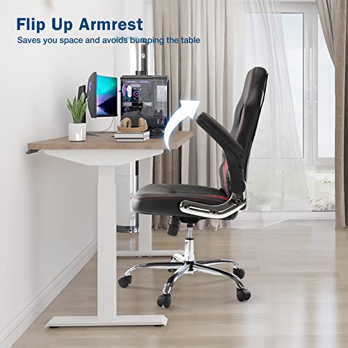 Ergonomic Gaming Chair - Mid Back PU Leather Home Office Desk Chairs, Flip Up Armrest Computer Task Chair with Lumbar Support Wheels, Rocking, and Swivel, Red